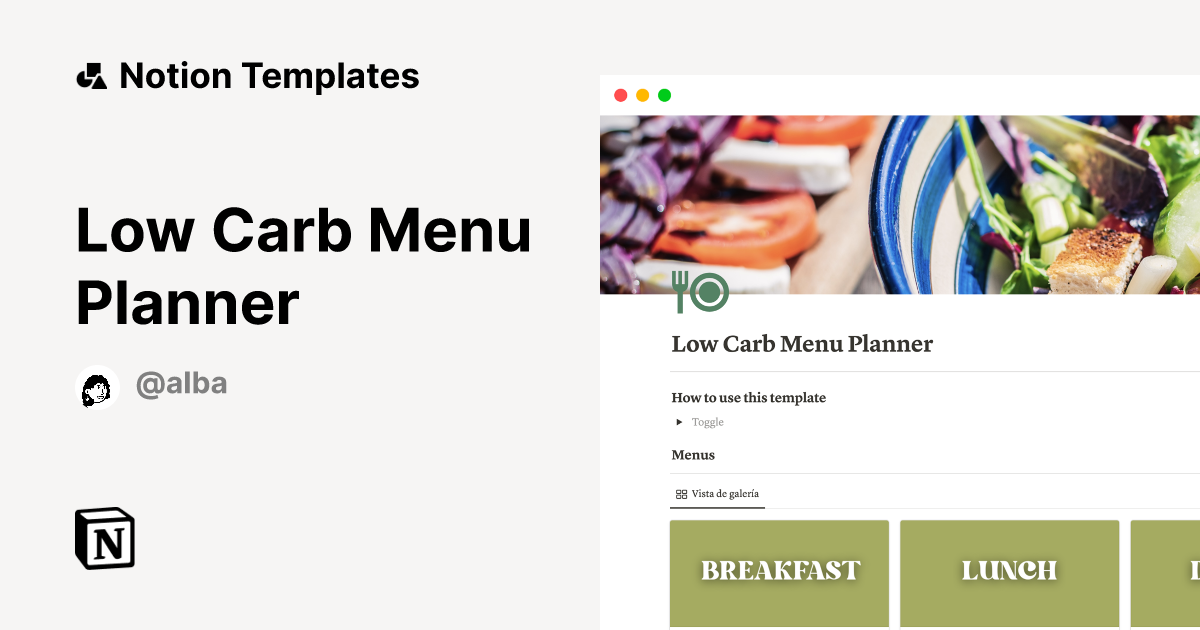Low Carb Menu Planner Template by Alba Negrín | Notion Marketplace