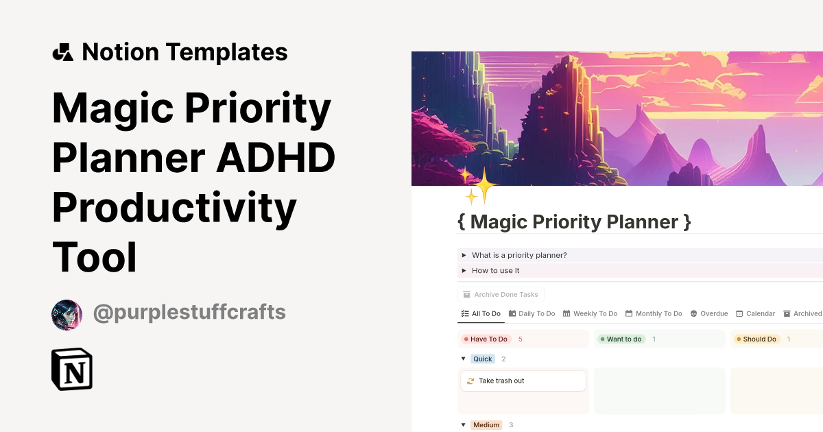 Magic Priority Planner ADHD Productivity Tool Template | Notion Marketplace