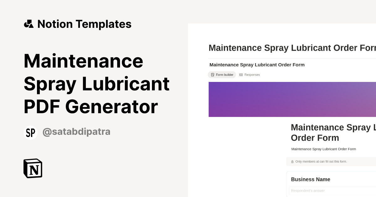 Maintenance Spray Lubricant PDF Generator Template | Notion Marketplace
