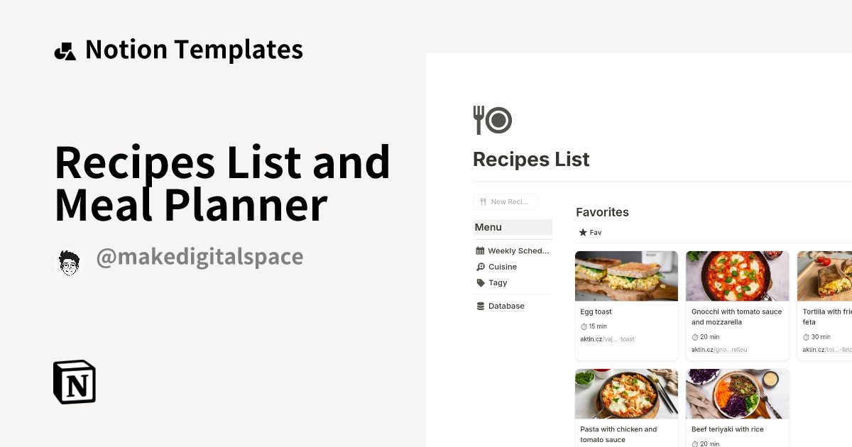 Recipes List and Meal Planner Template by Lucas | Notion Marketplace
