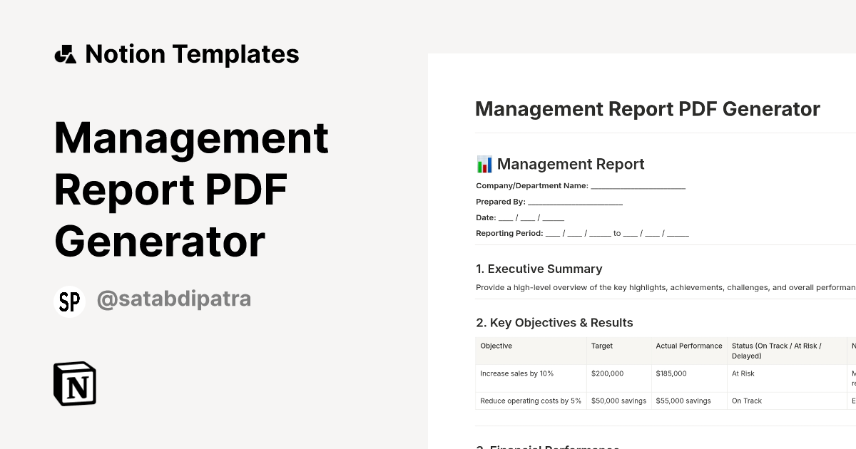 Management Report PDF Generator Template by Satabdi Patra | Notion Marketplace