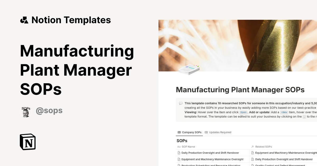 Manufacturing Plant Manager SOPs Template | Notion Marketplace