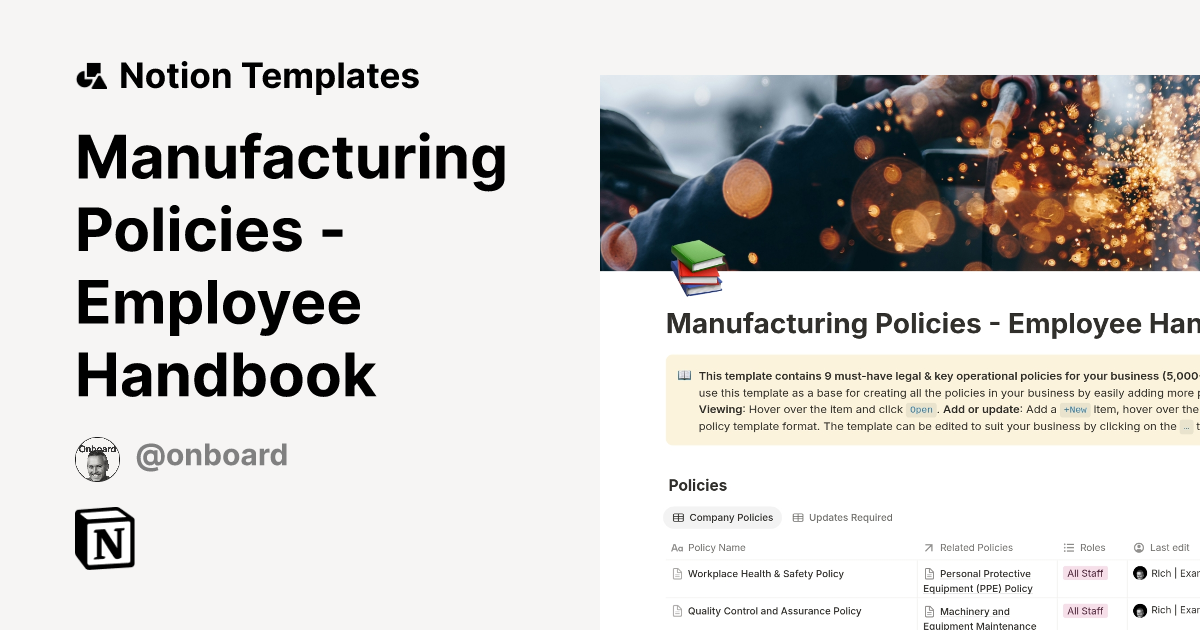 Manufacturing Policies - Employee Handbook Template by Onboarding ...