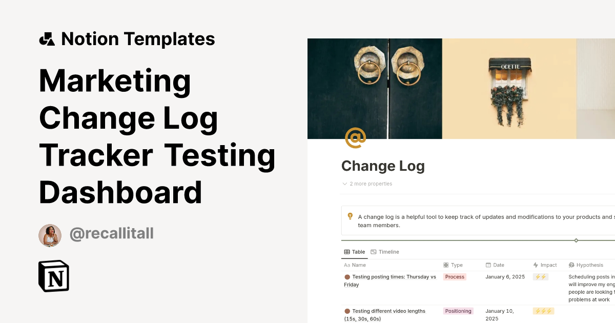 Marketing Change Log Tracker Testing Dashboard Template by Lez | Notion ...