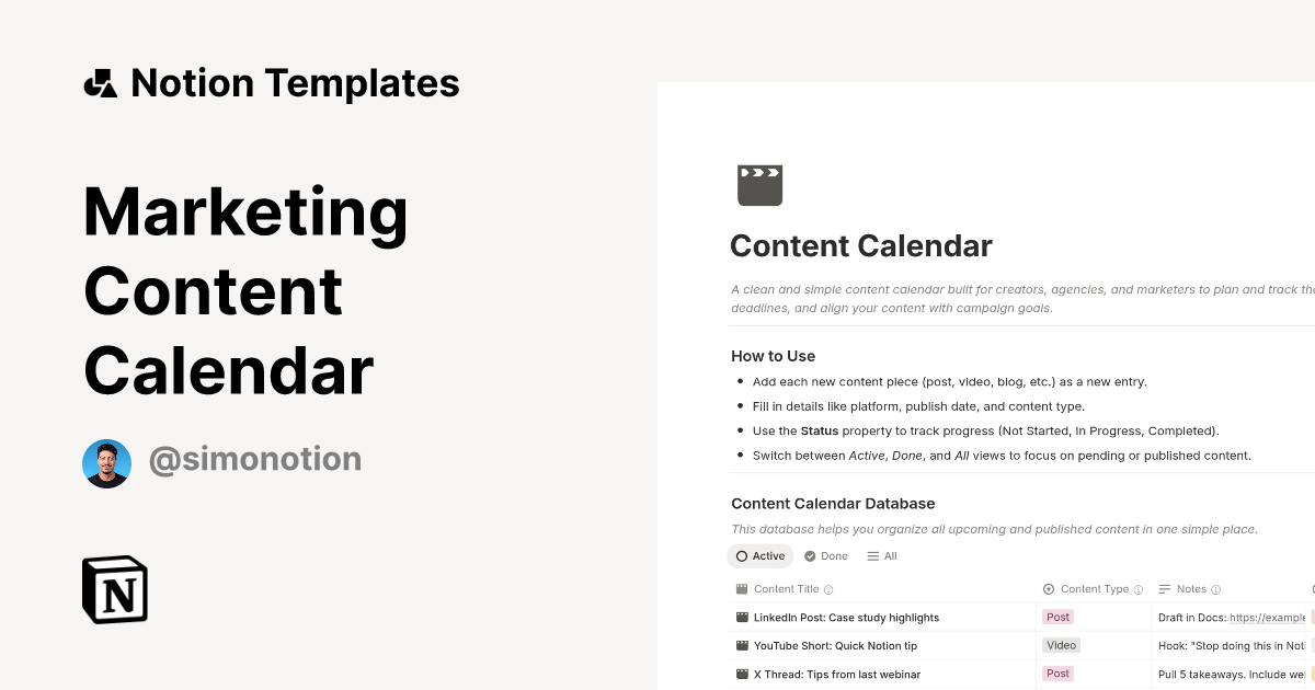Marketing Content Calendar Template by Simo | Systems for Content ...