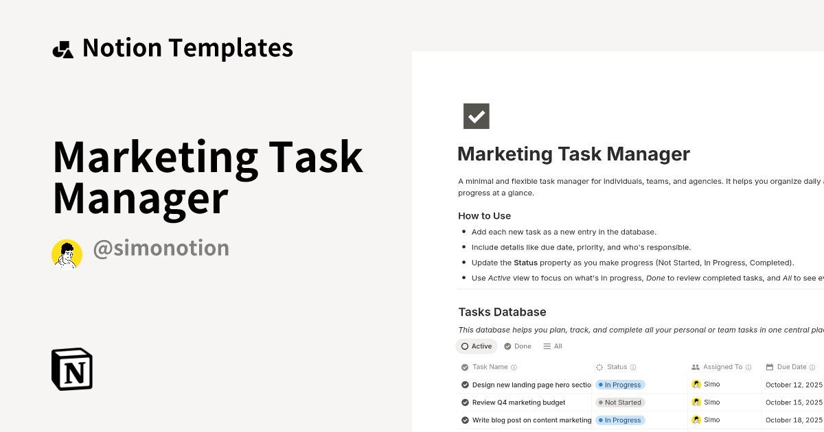 Marketing Task Manager Template by Simo | Notion Marketplace