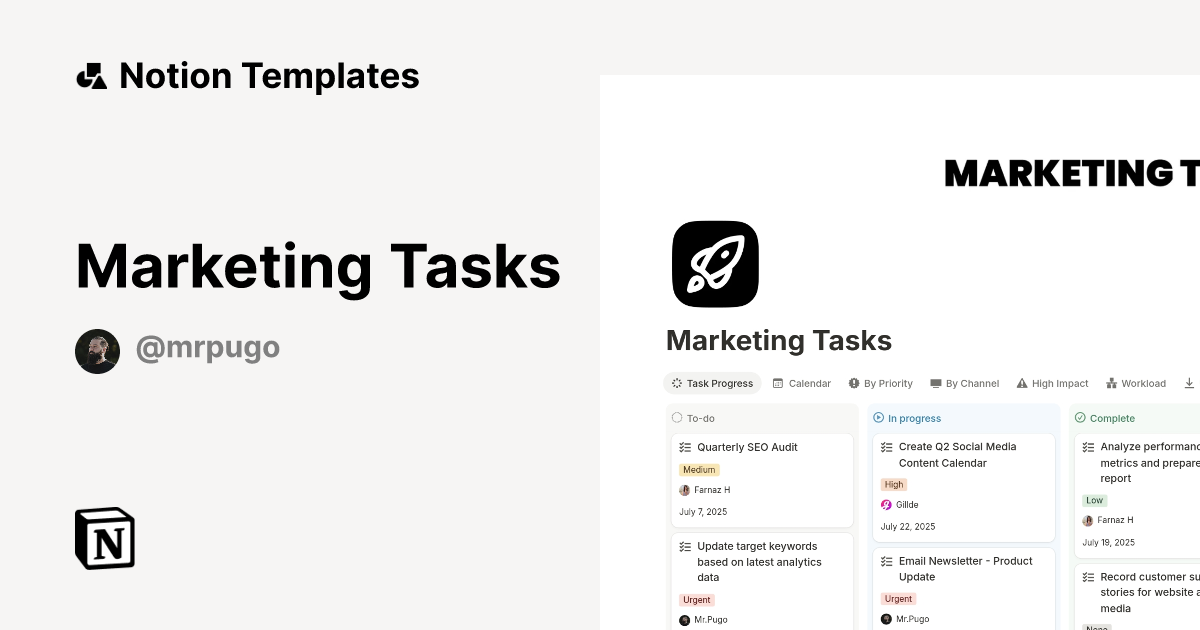 Marketing Tasks Template | Notion Marketplace