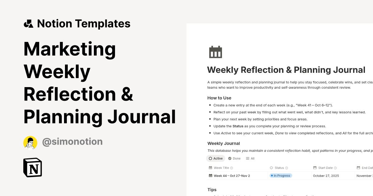 Marketing Weekly Reflection & Planning Journal Template | Notion ...