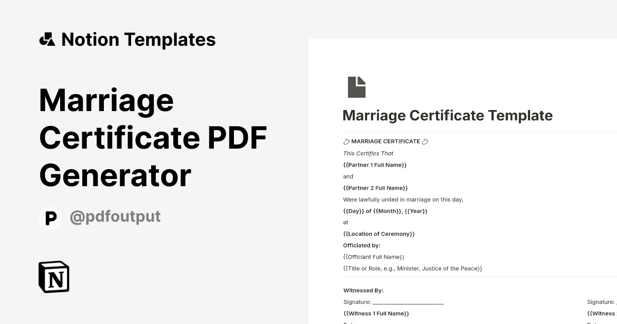 Marriage Certificate PDF Generator Template by PDFOutput | Notion ...