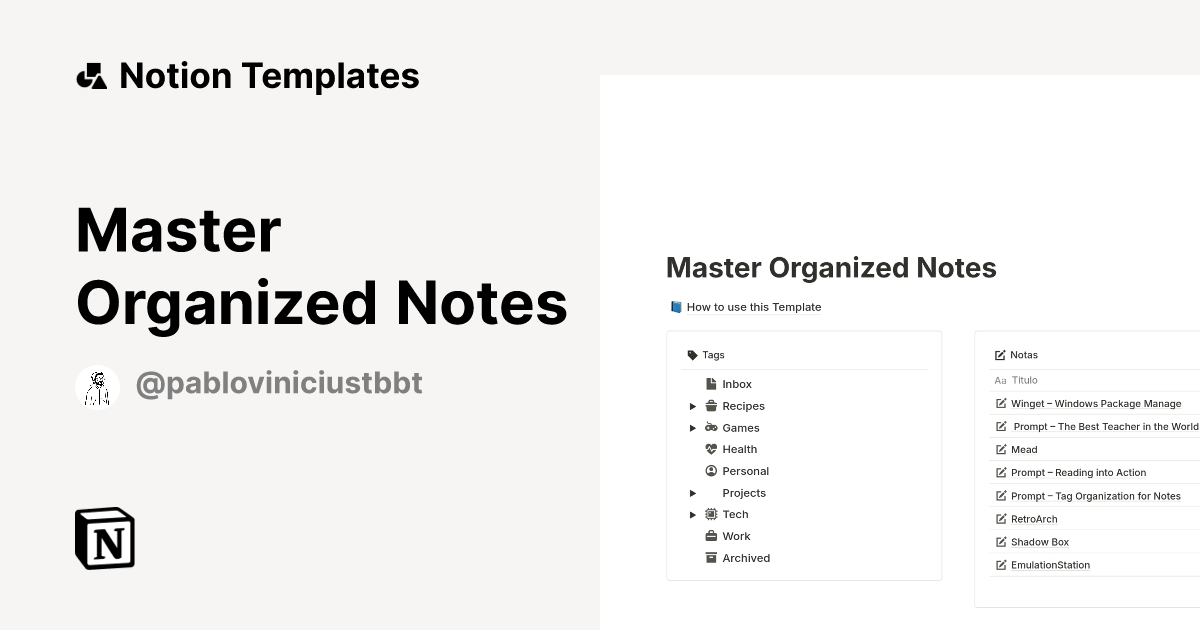 Master Organized Notes Template by Pablo Leal | Notion Marketplace