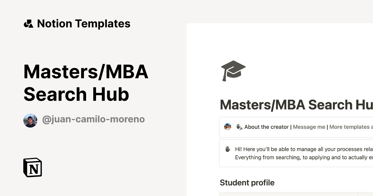 Masters/MBA Search Hub Template by Juan Camilo Moreno | Notion Marketplace