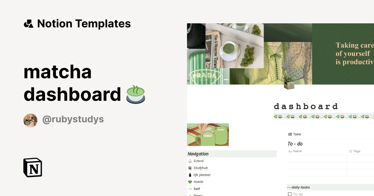 matcha dashboard 🍵 Template by rubystudys | Notion Marketplace