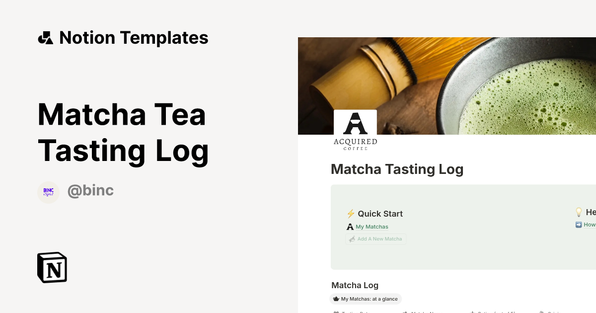 Matcha Tea Tasting Log Template by BINC Digital | Notion Marketplace
