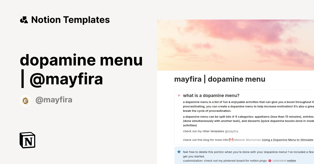dopamine menu | @mayfira Template by fiona | Notion Marketplace