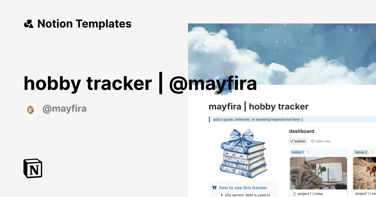 hobby tracker | @mayfira Template by fiona | Notion Marketplace