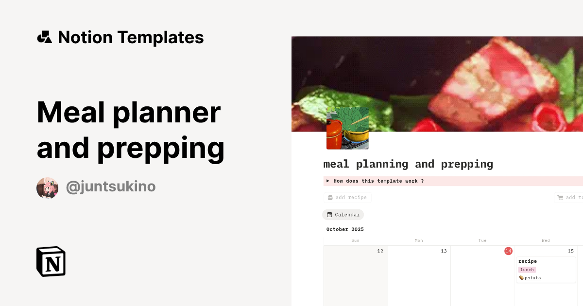 Meal planner and prepping Template by Jun Tsukino | Notion Marketplace
