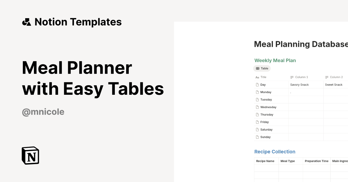 Meal Planner with Easy Tables Template by MN | Notion Marketplace