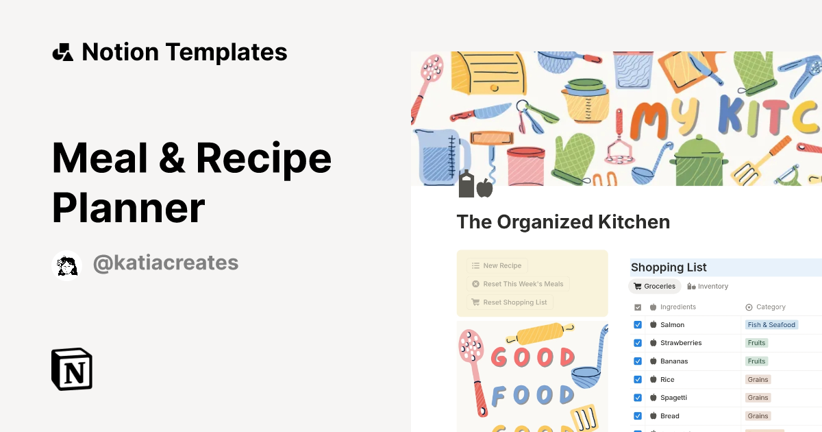 Meal & Recipe Planner Template by Katia Creates | Notion Marketplace