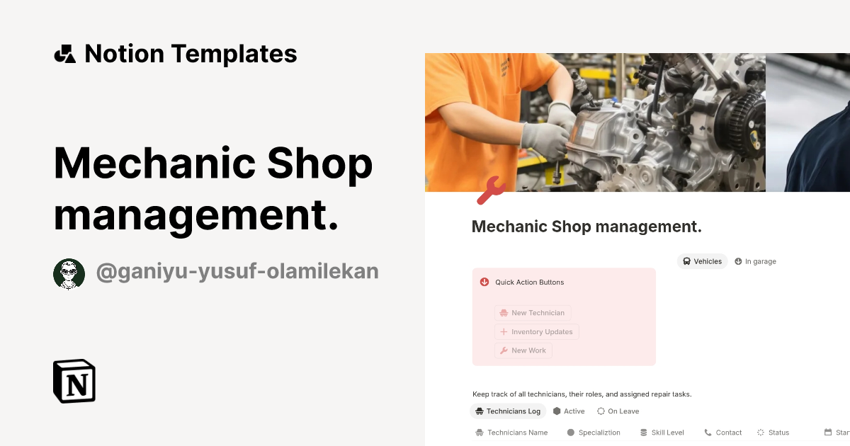 Mechanic Shop management. Template by Notionallity | Notion Marketplace