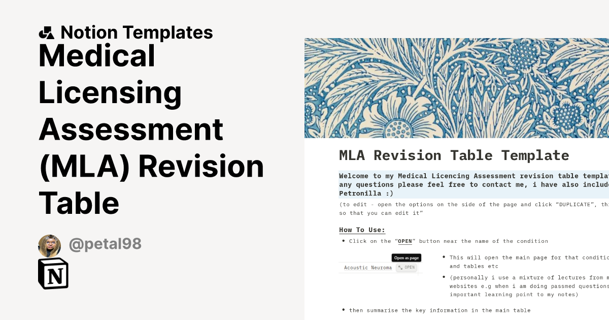 Medical Licensing Assessment (MLA) Revision Table Template by Pet ...
