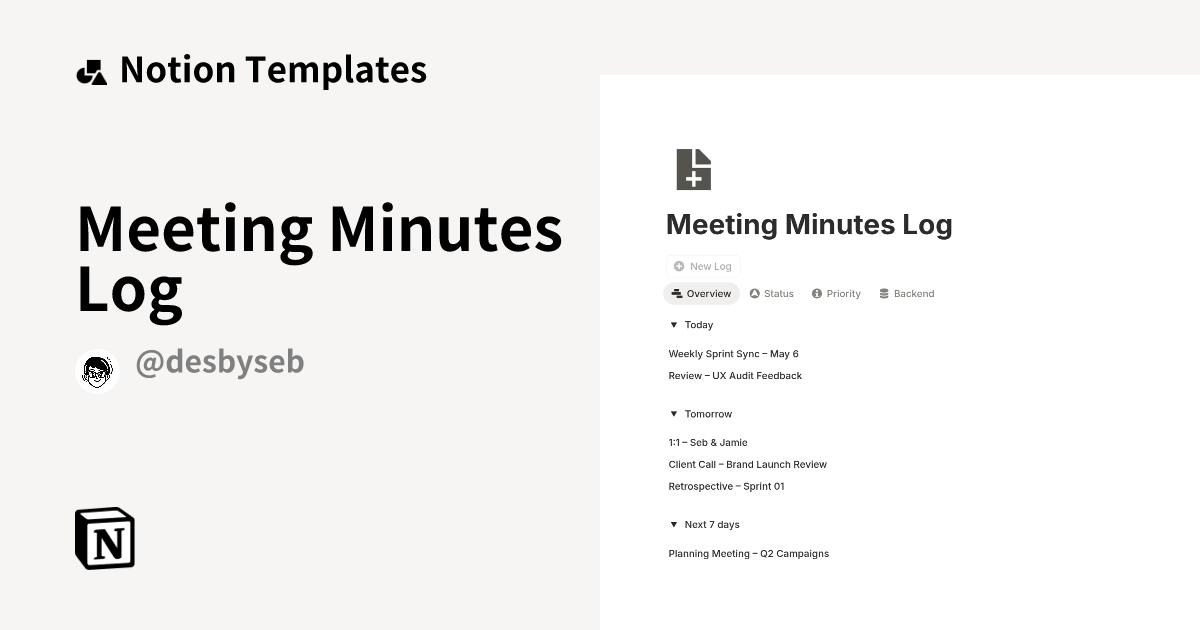 Meeting Minutes Log Template by desbyseb | Notion Marketplace
