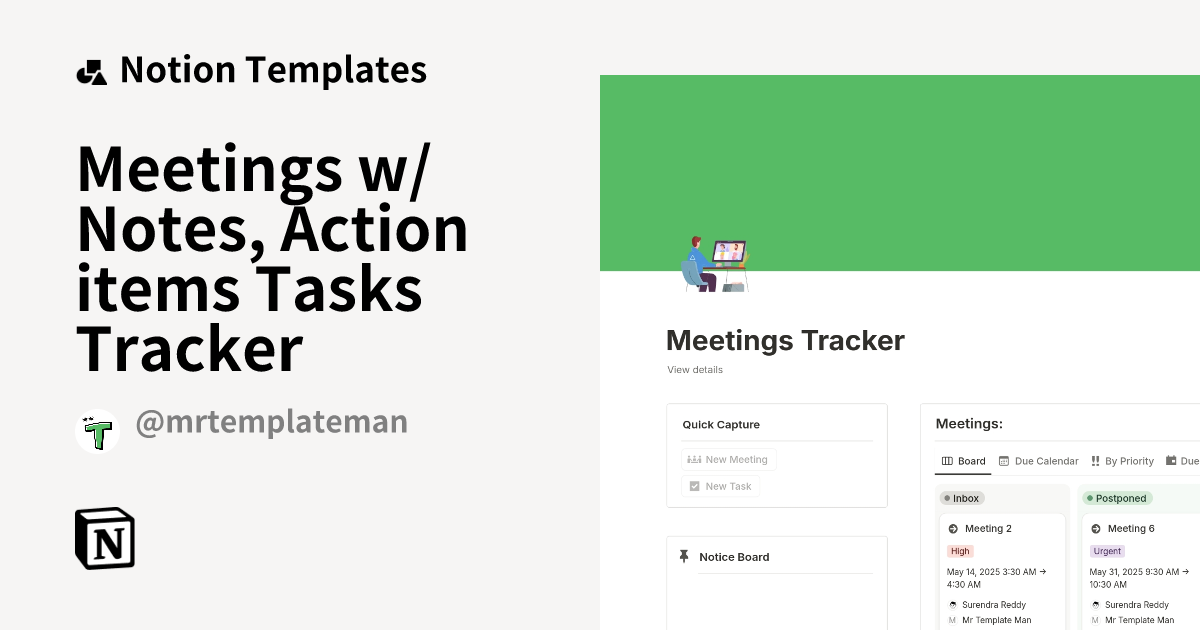 Meetings w/ Notes, Action items Tasks Tracker Template | Notion Marketplace
