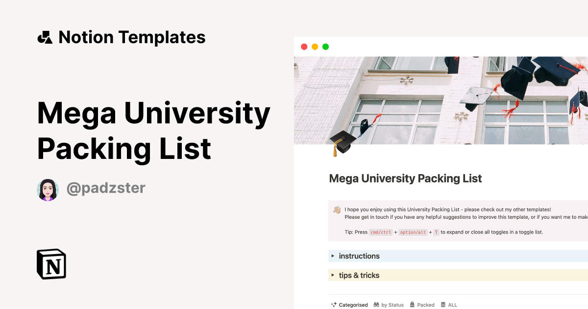 Mega University Packing List Template by padzster | Notion Marketplace