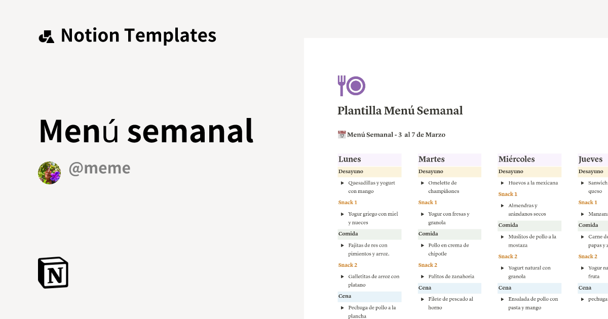 Menú semanal Template by Meme | Notion Marketplace
