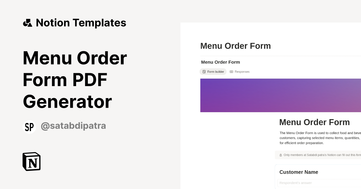 Menu Order Form PDF Generator Template | Notion Marketplace