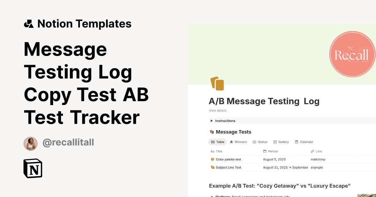 Message Testing Log Copy Test AB Test Tracker Template | Notion Marketplace