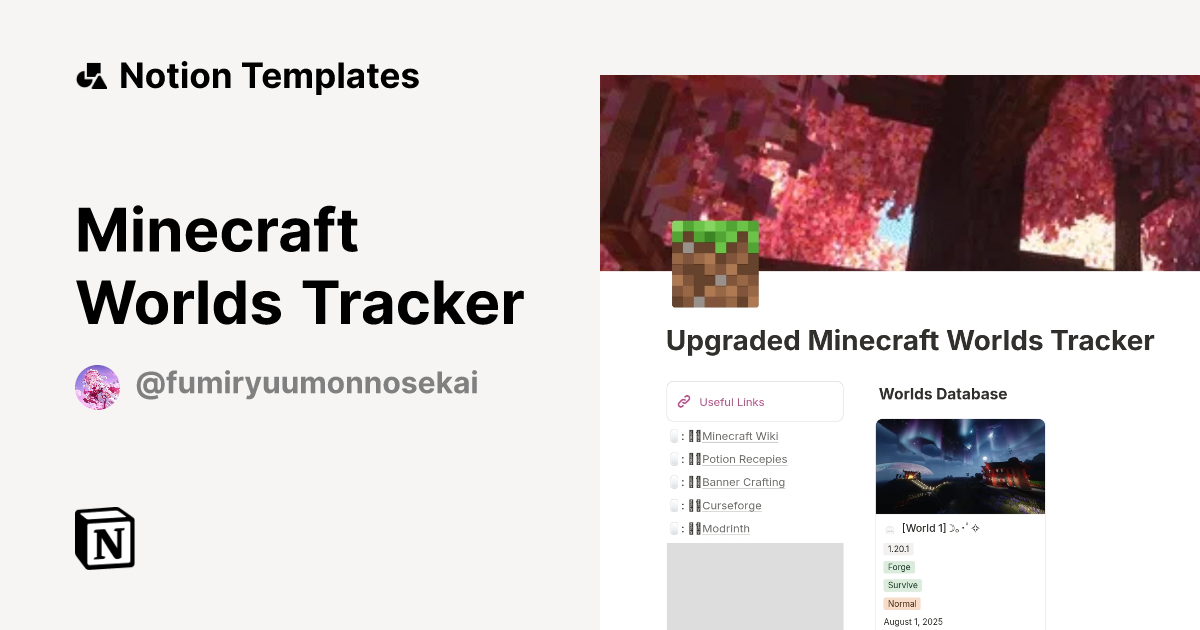 Minecraft Worlds Tracker Template by Fumi౨ৎ | Notion Marketplace