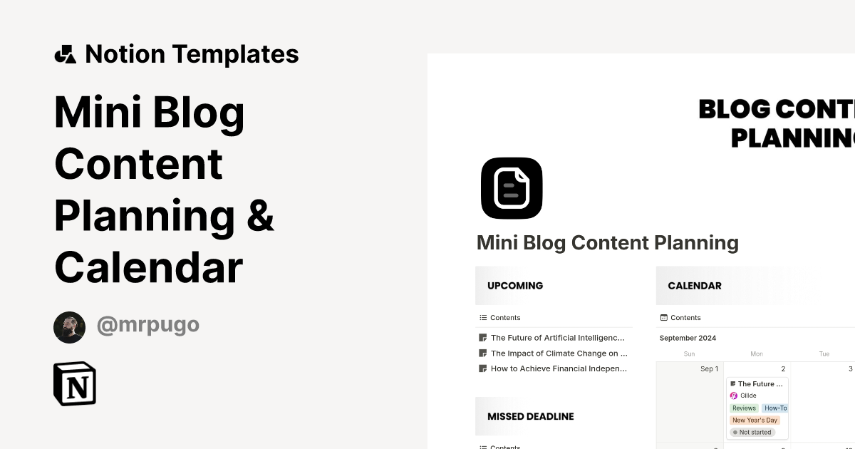 Mini Blog Content Planning & Calendar Template by mrpugo | Notion ...