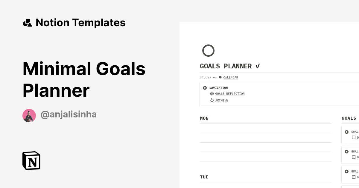 Minimal Goals Planner Template by Anjali Sinha | Notion Marketplace