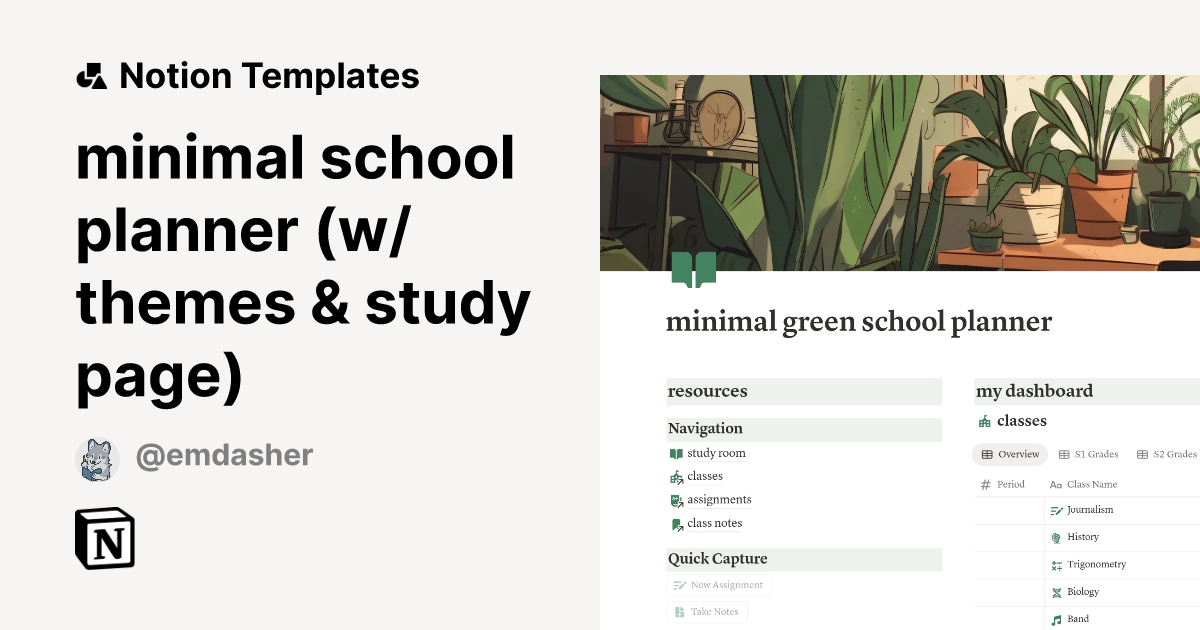minimal school planner (w/ themes & study page) Template by emdasher | Notion Marketplace