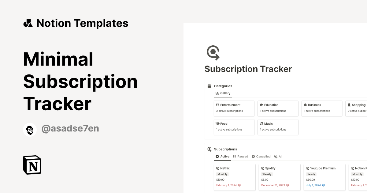 Minimal Subscription Tracker Template by AsAd | Notion Marketplace