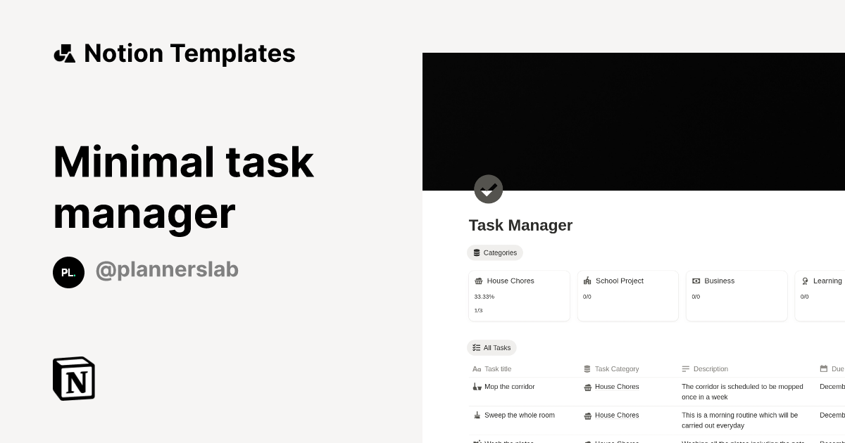 Minimal task manager Template by Planners Lab | Notion Marketplace