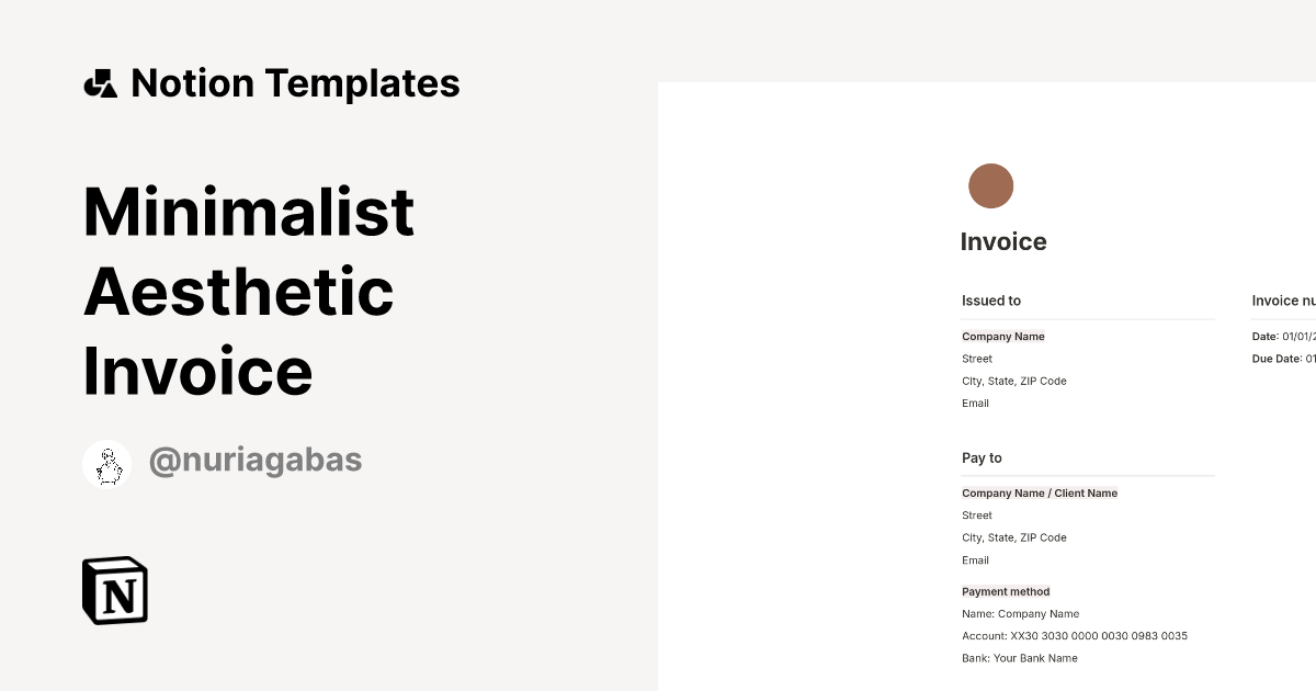 Minimalist Aesthetic Invoice Template by Núria Gabàs | Notion Marketplace