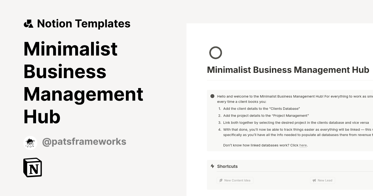 Minimalist Business Management Hub Template by Pat's Frameworks | Notion Marketplace