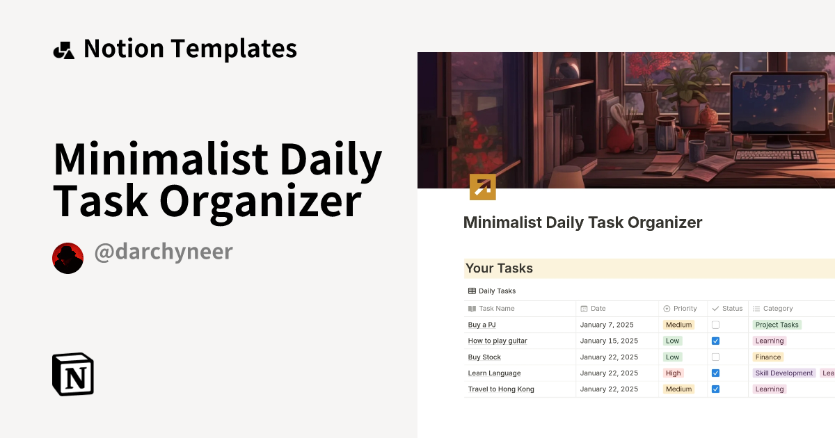 Minimalist Daily Task Organizer Template by darchyneer | Notion Marketplace