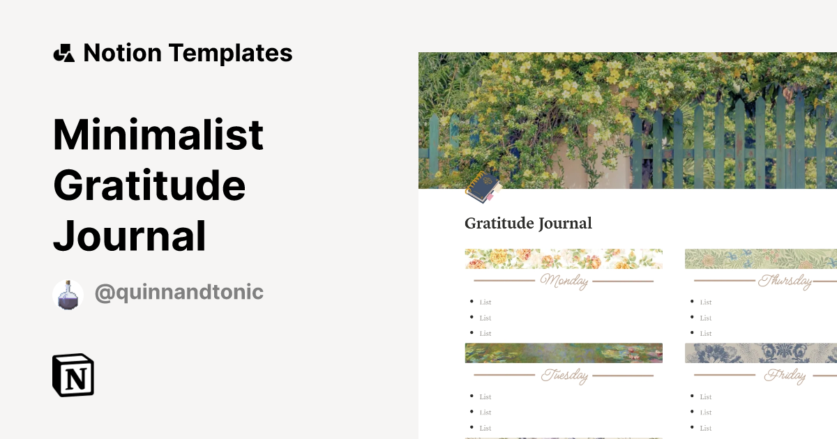Minimalist Gratitude Journal Template by Elise Quinn | Notion Marketplace