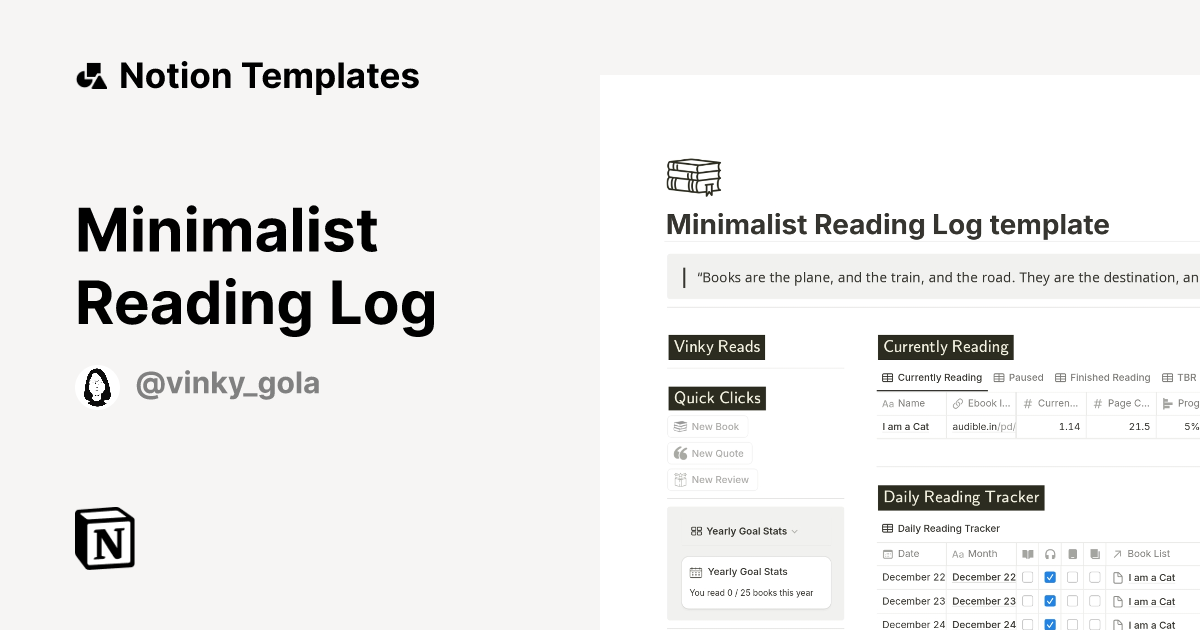 Minimalist Reading Log Template | Notion Marketplace