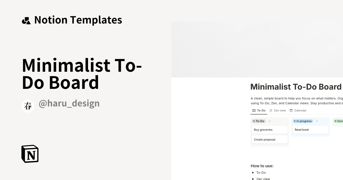 Minimalist To-Do Board Template by Haru design | Notion Marketplace