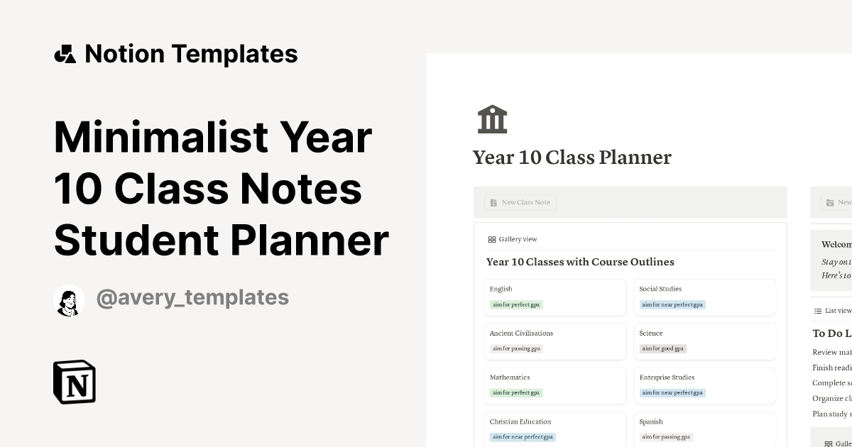 Minimalist Year 10 Class Notes Student Planner Template by avery's ...