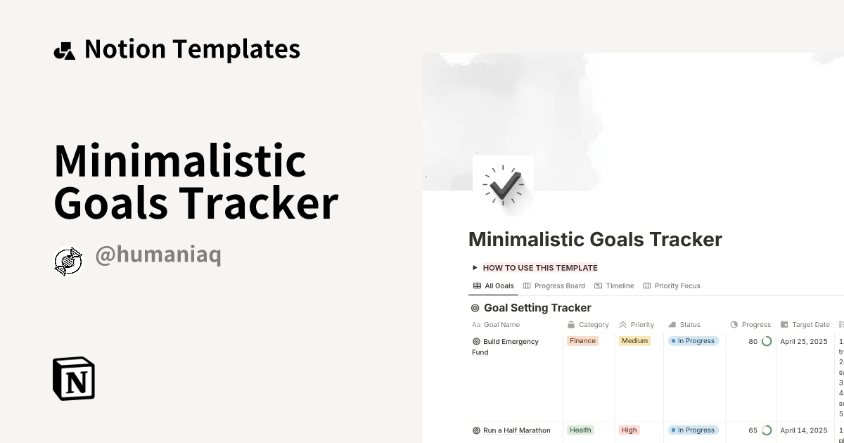 Minimalistic Goals Tracker Template by Humaniaq | Notion Marketplace