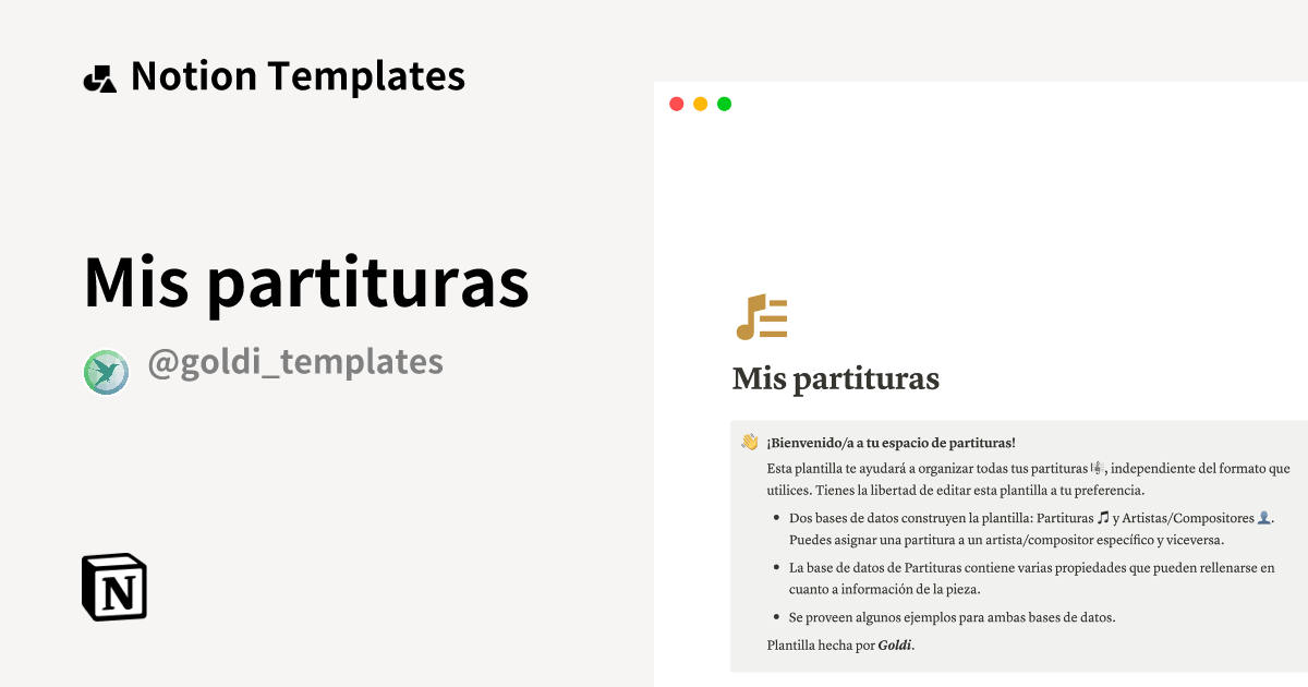 Mis partituras Template by Goldi | Esteban Gallardo | Notion Marketplace