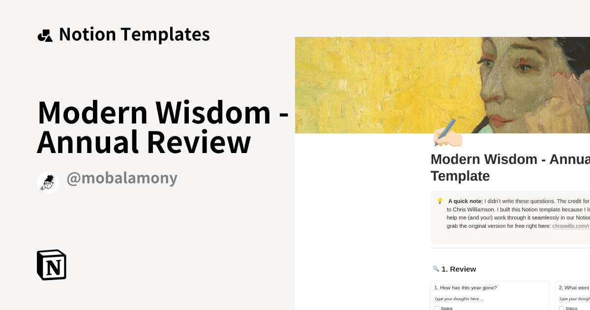 Modern Wisdom - Annual Review Template by Moshiranoshow | Notion ...