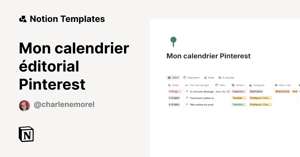 Mon calendrier éditorial Pinterest Template by Charlene Morel | Notion Marketplace
