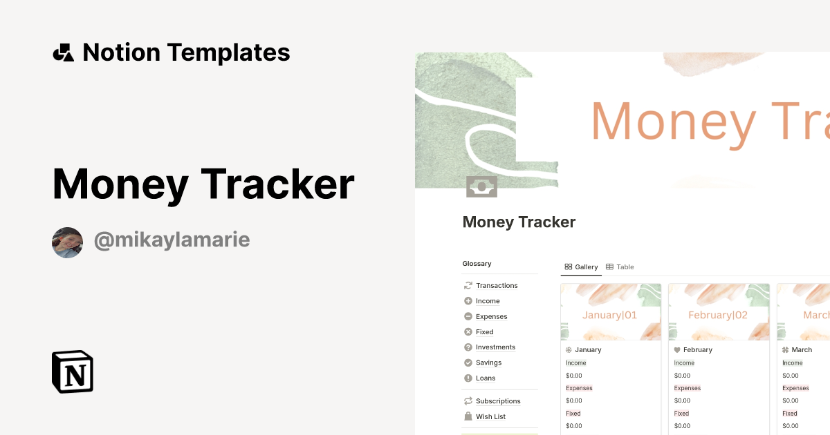 Money Tracker Template by Mikayla Seibert | Notion Marketplace