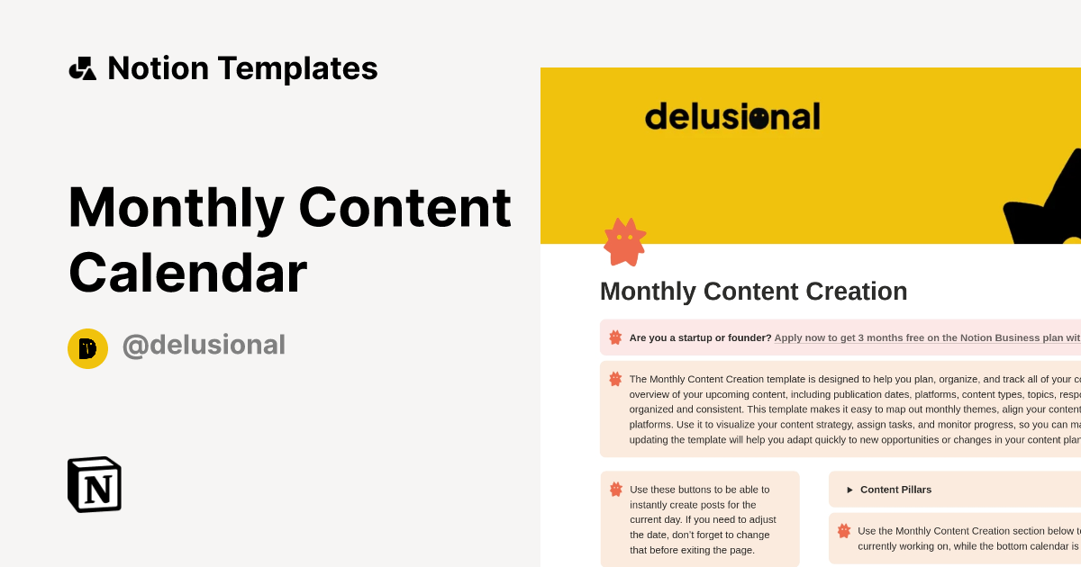 Monthly Content Calendar Template by Delusional | Notion Marketplace