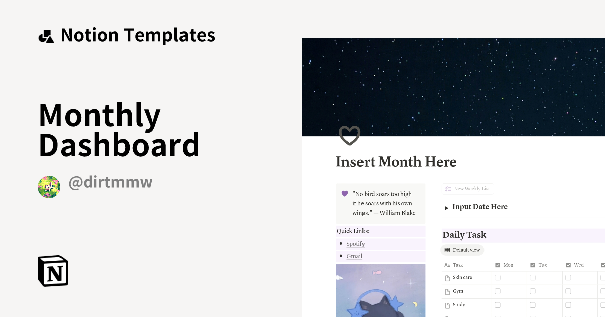 Monthly Dashboard Template by Dirtmmw | Notion Marketplace
